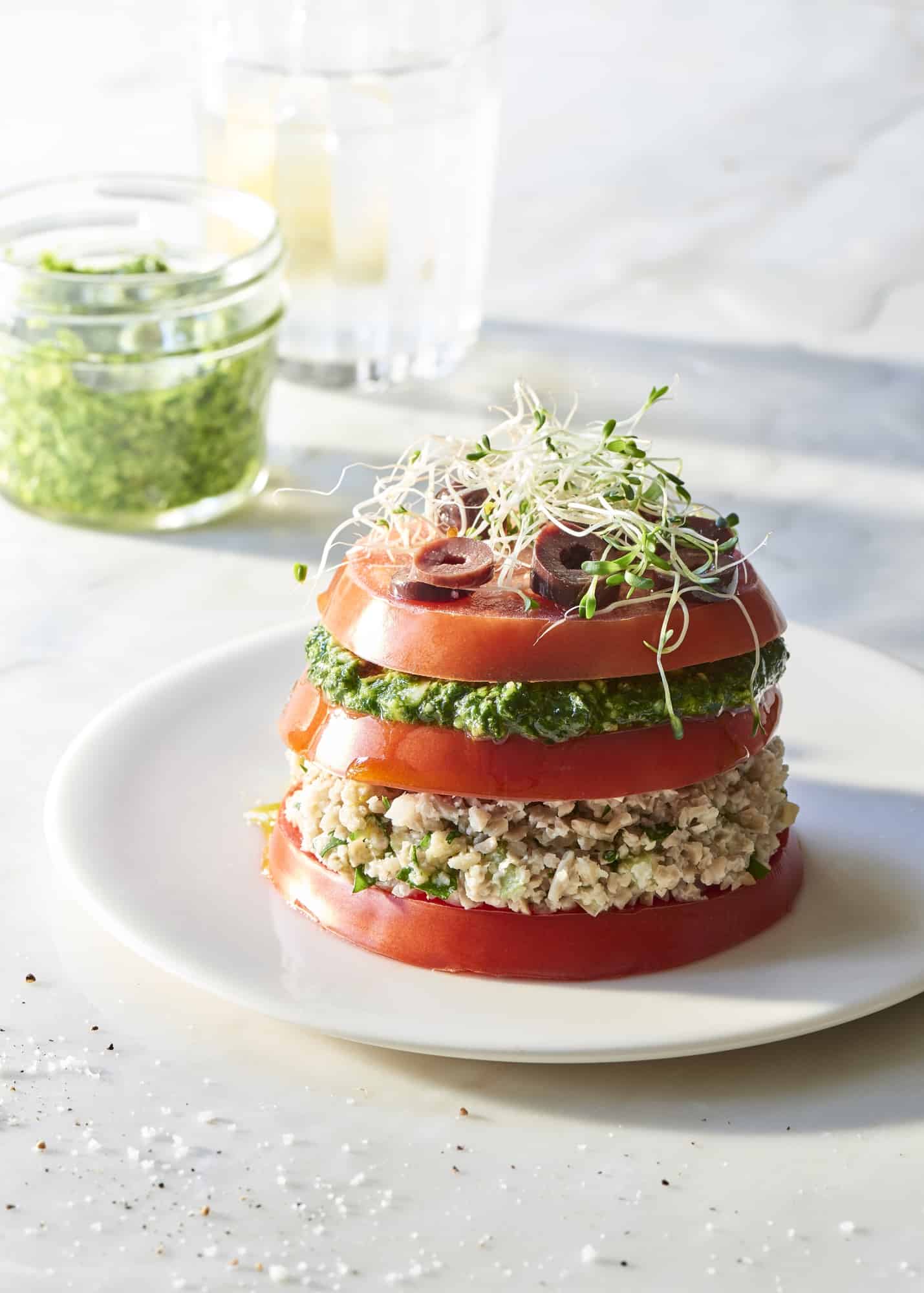 Raw Tomato Pesto Stacks with Vegan Tuna - The Blender Girl